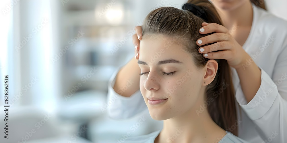 Therapist performing cranial sacral therapy on female patient focusing ...