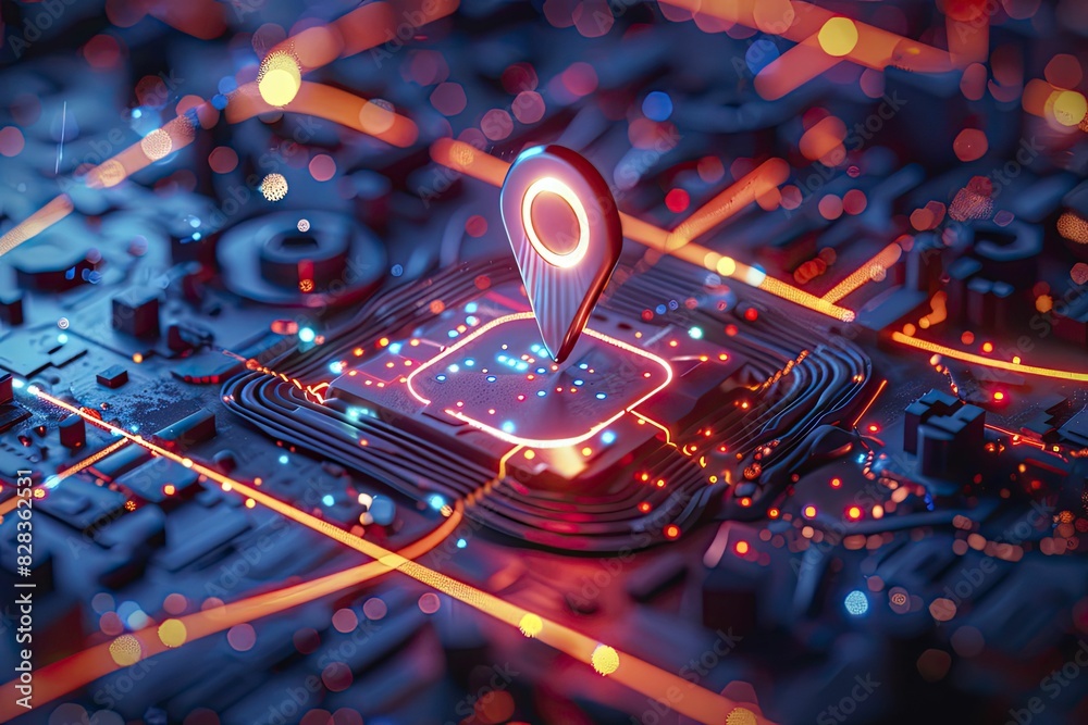 High-tech city map with 3D location pin, top-down view with neon accents, showcasing cutting ...