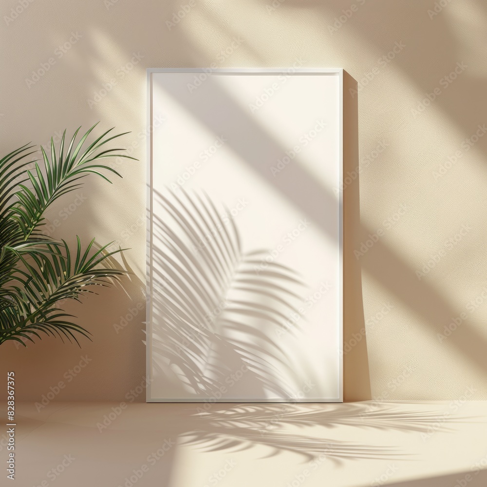 White poster mockup on beige background with sunlight and shadows. A4 ...