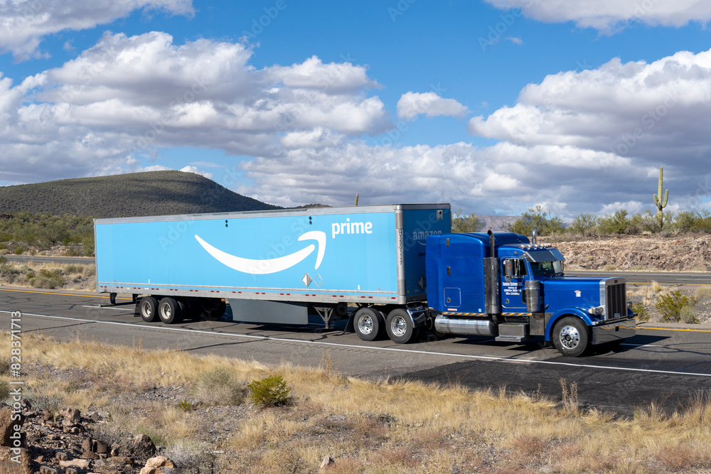 Flagstaff, AZ, USA - 5 November 2022. Truck with Amazon prime container ...