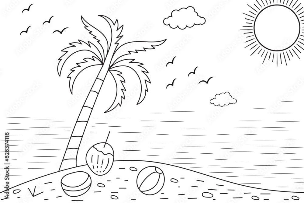 Summer sunset tropical beach line art vector illustration, hand drawn ...