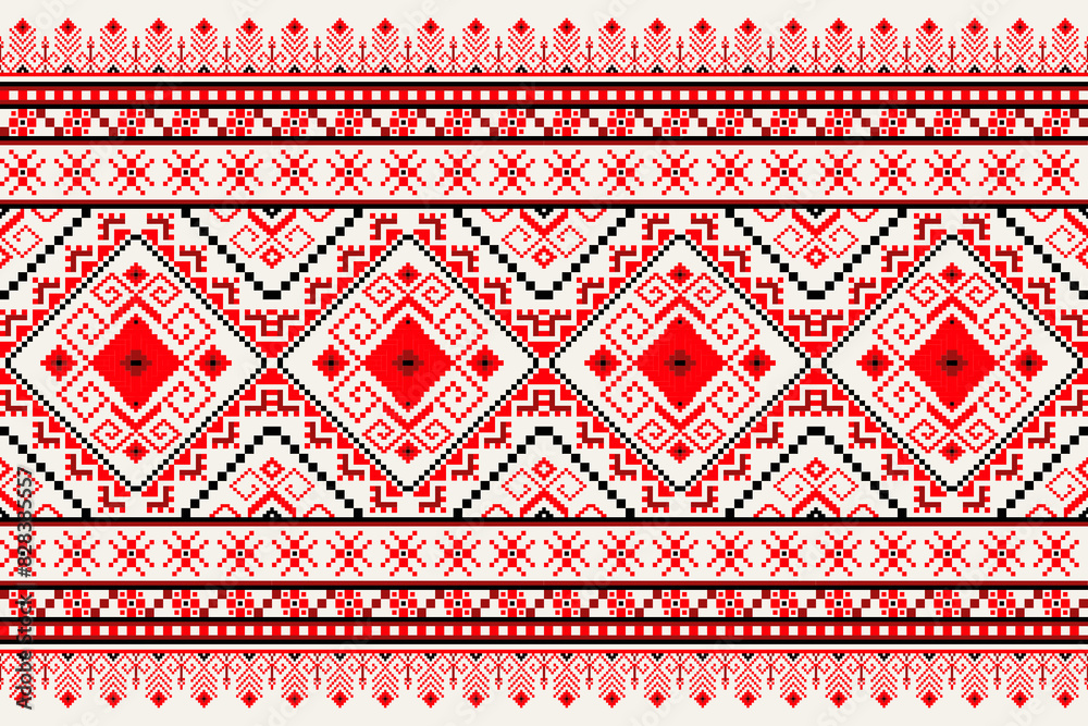 Designed with Ulos Ethnic Batak fabric design pattern on a classic red ...