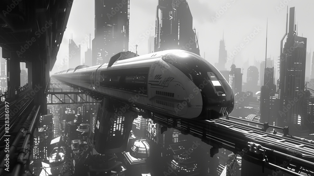 futuristic rail network with floating train stations front view ...