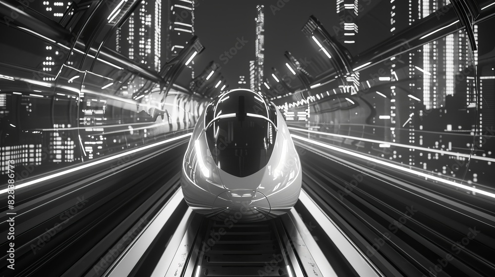 futuristic rail network with floating train stations front view ...