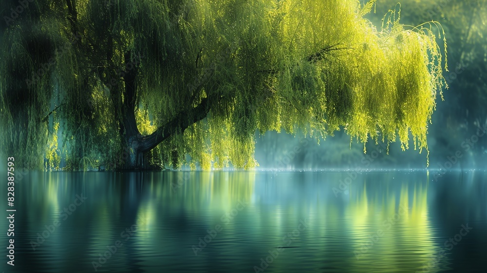 A solitary willow tree with weeping branches hangs over a still, misty ...