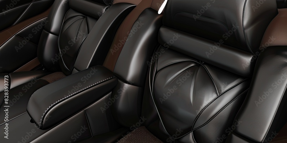 Luxurious car seats with black leather upholstery and detailed ...
