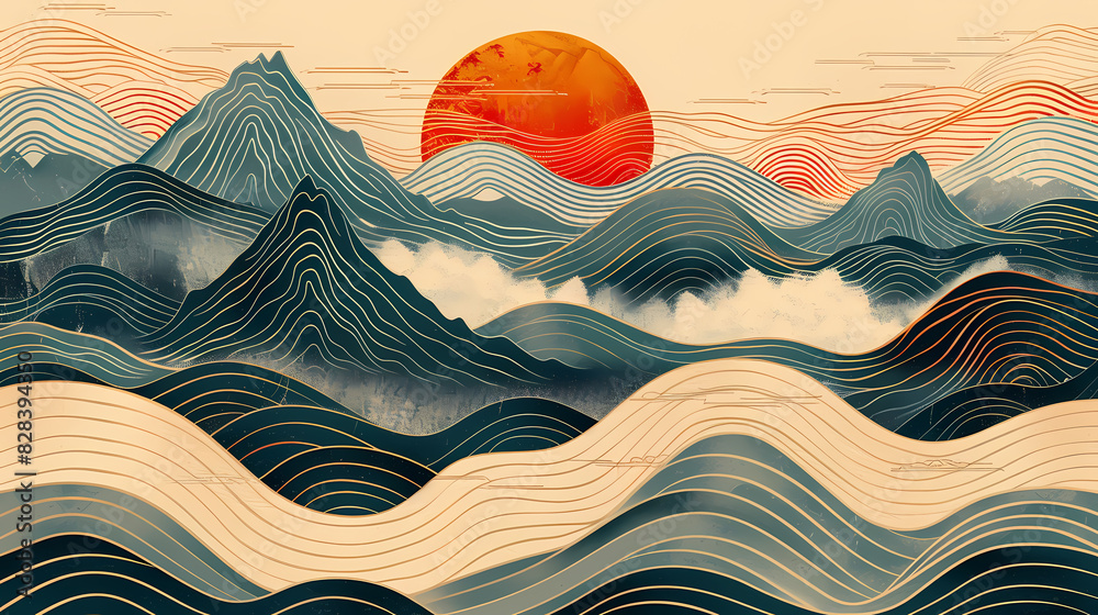 Mountain layout design in oriental style.Japanese background with line ...