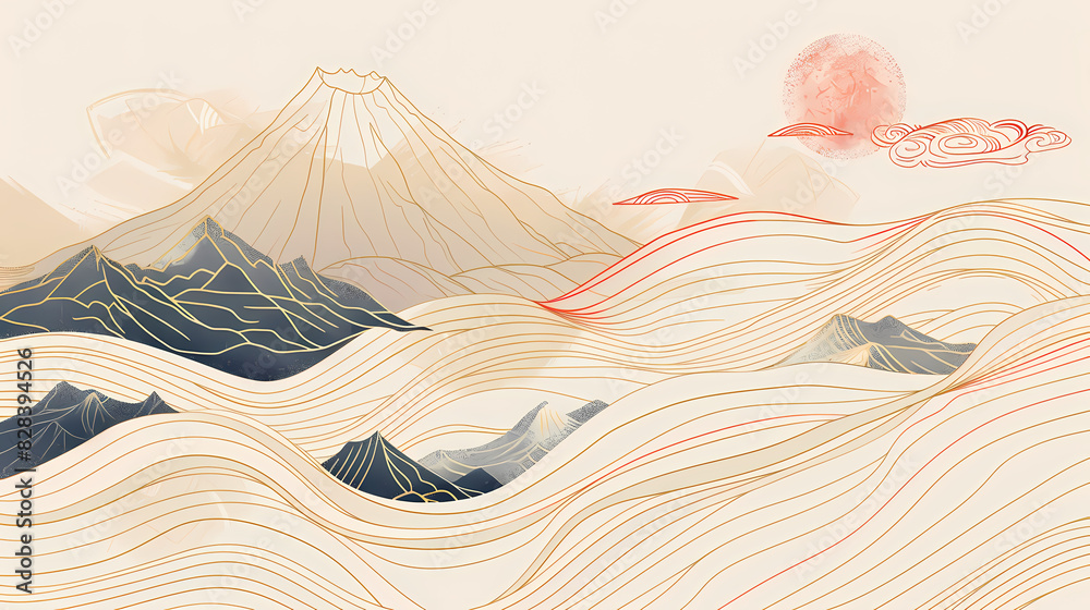 Mountain layout design in oriental style.Japanese background with line ...