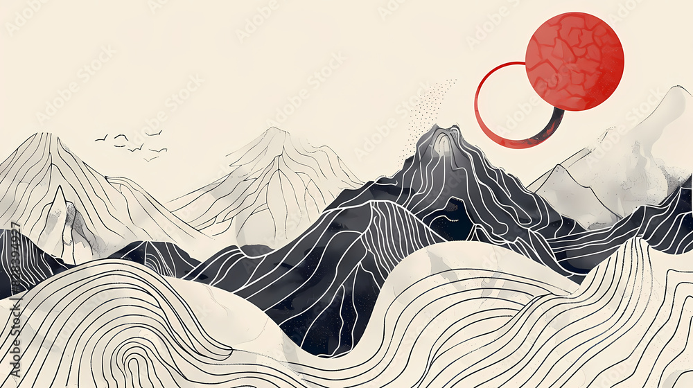 Mountain layout design in oriental style.Japanese background with line ...