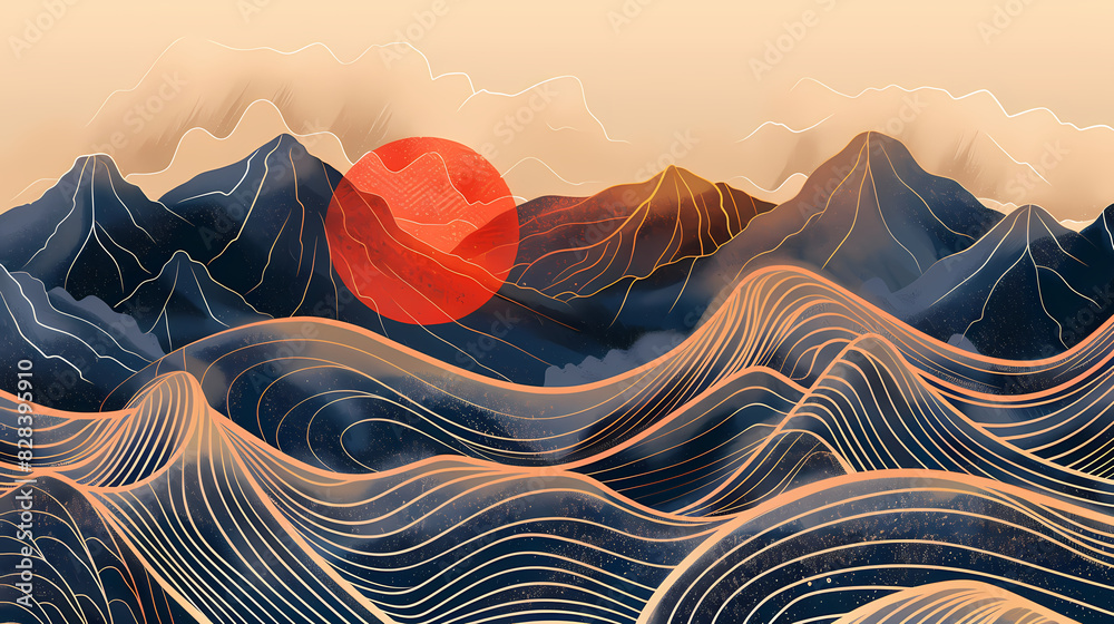 Mountain layout design in oriental style.Japanese background with line ...
