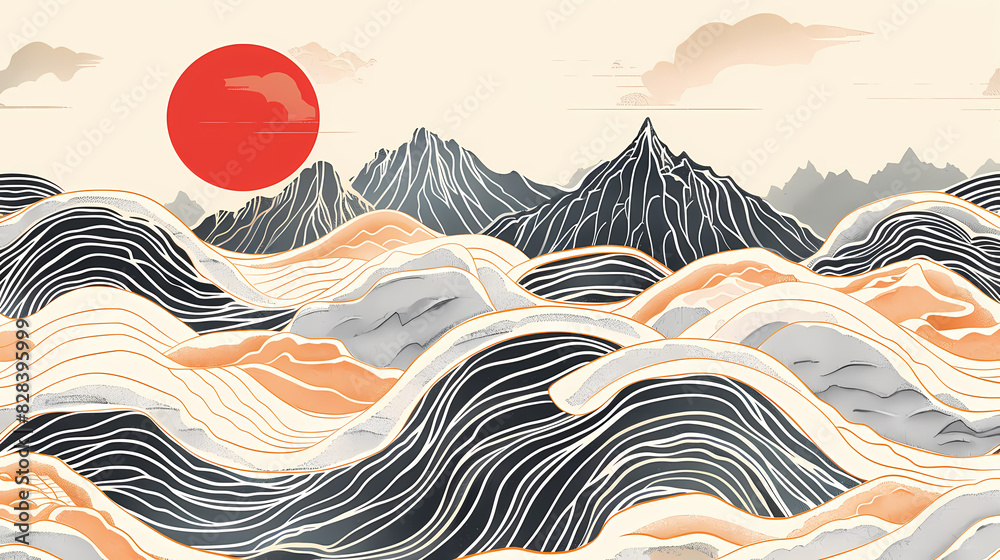 Mountain layout design in oriental style.Japanese background with line ...