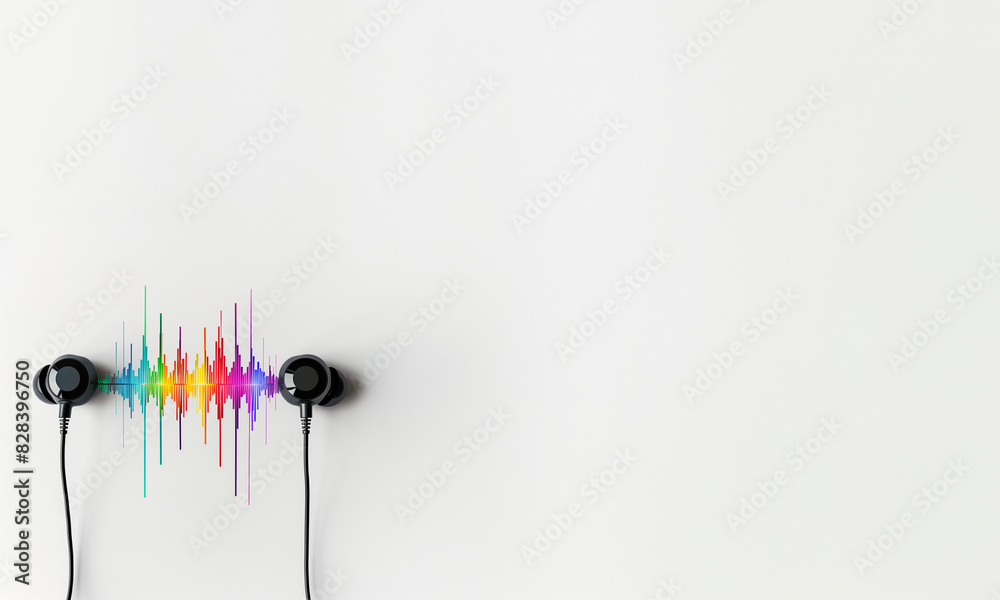 Colorful audio waveform visualizer spanning between two black earbuds ...