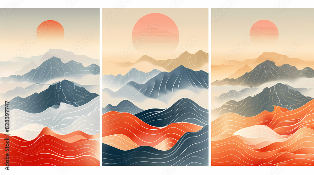 Set Mountain layout design in oriental style.Japanese background with ...