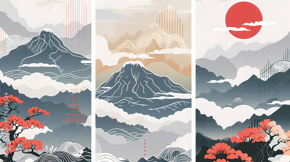 Set Mountain layout design in oriental style.Japanese background with ...