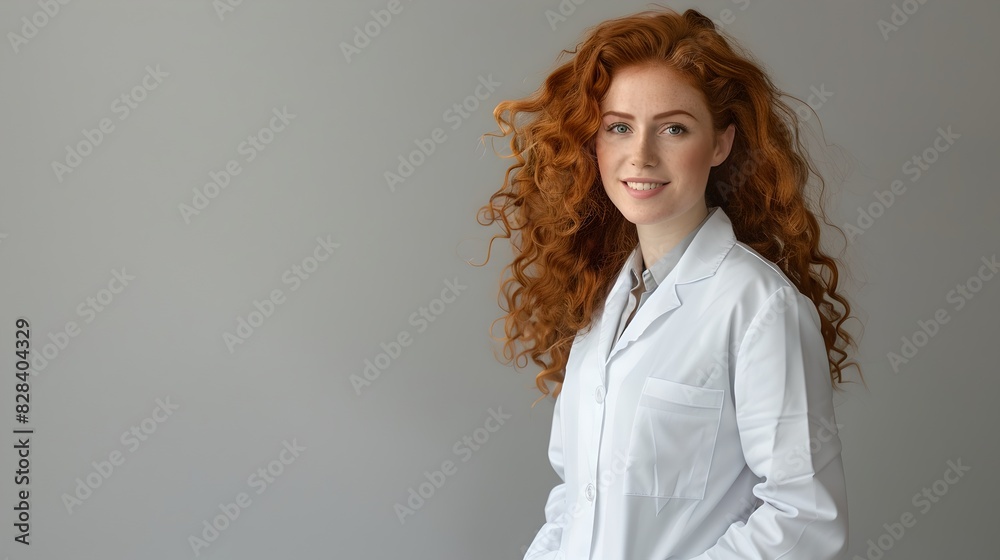 Red-haired female scientist posing in a white lab coat. Simple ...