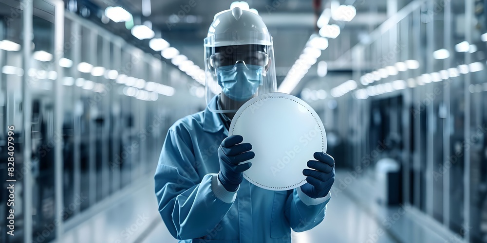 Lab technician handling silicon wafer in semiconductor manufacturing ...