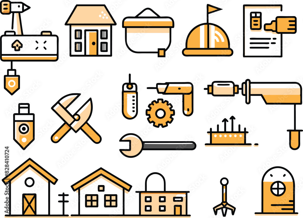 Construction site and tools icon set. Vector illustration Outline Style ...
