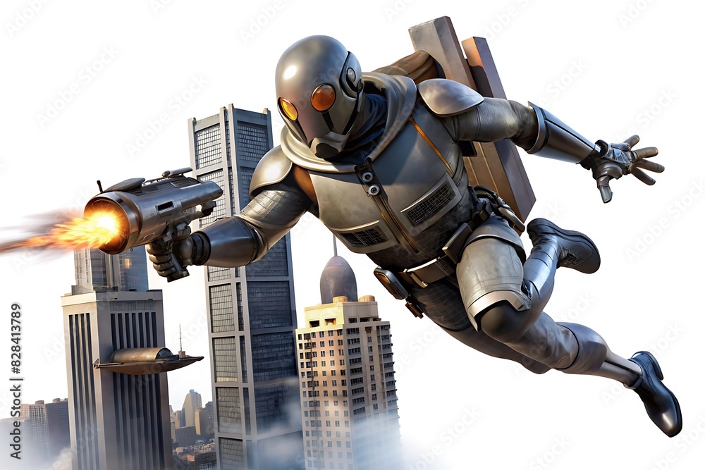 A futuristic soldier in powered armor, blasting a group of alien ...