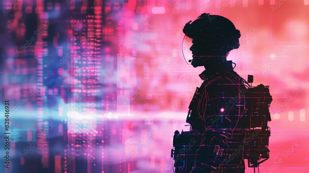 Cybernetic silhouette of a scifi soldier on a stealth mission, side view Engaging in covert ...