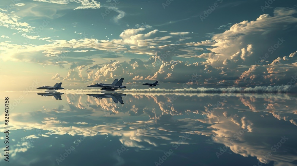 A squadron of fighter jets flying low over a reflective ocean surface ...