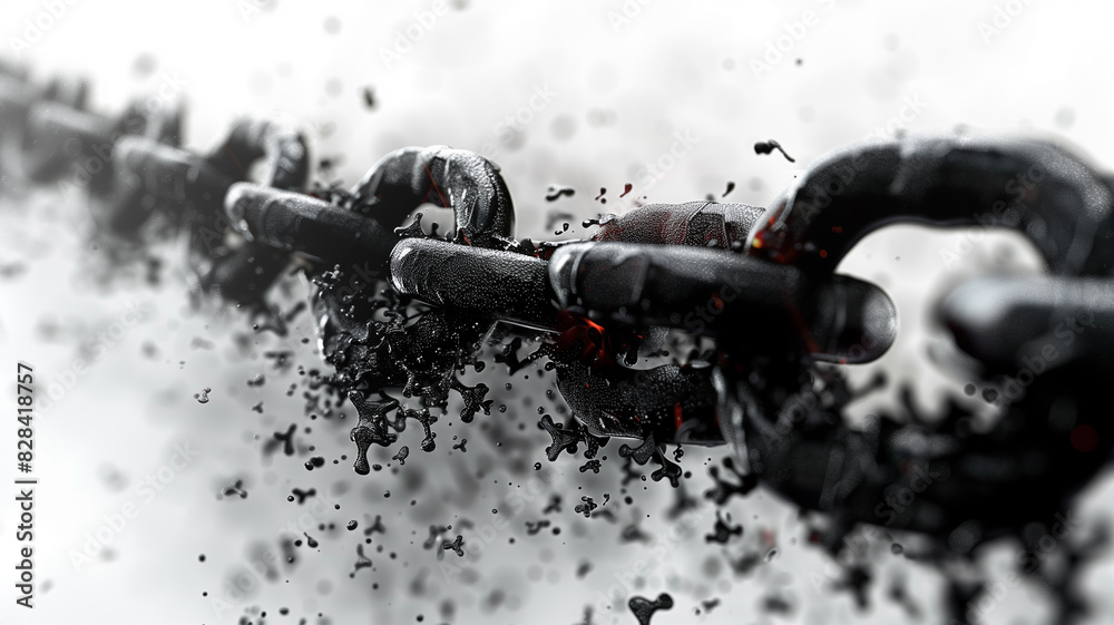 Close-up of a weathered, breaking chain link with splinting particles ...