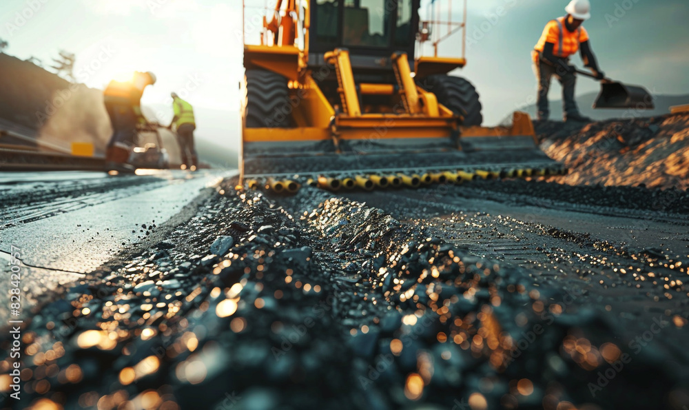 Road Construction Teamwork, Asphalt Laying Work At Road Construction ...