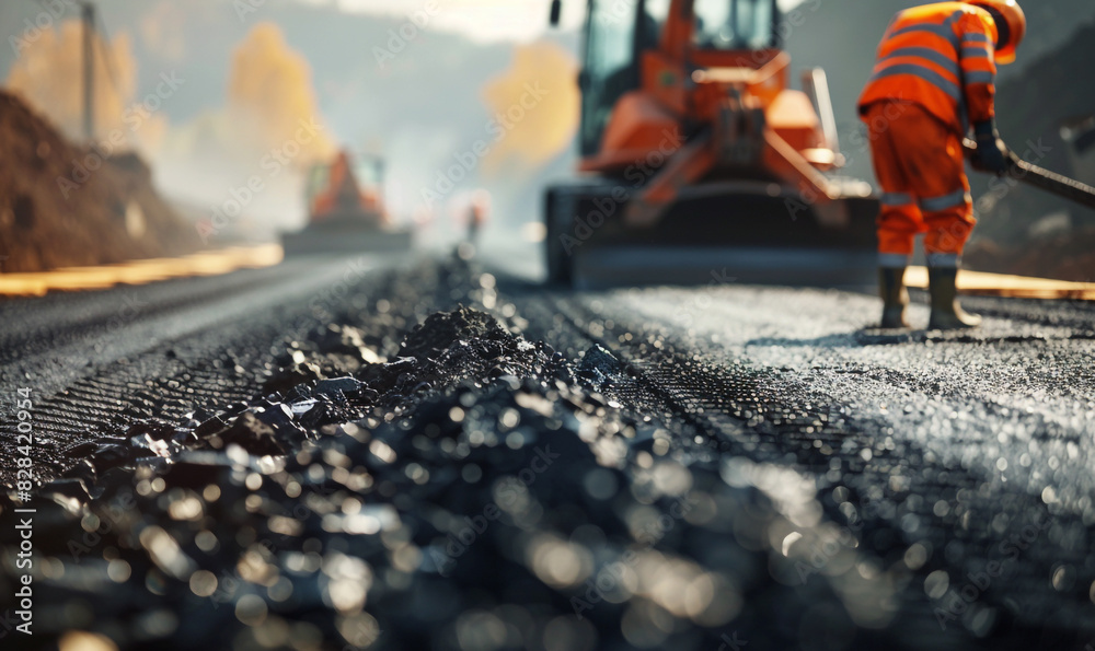 Road Construction Teamwork, Asphalt Laying Work At Road Construction ...