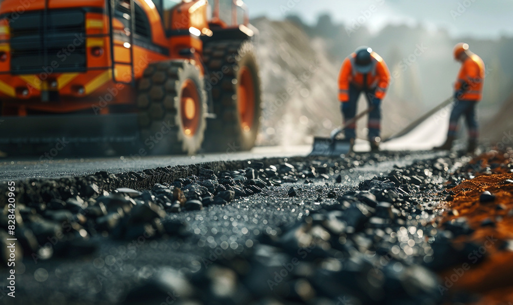 Road Construction Teamwork, Asphalt Laying Work At Road Construction ...