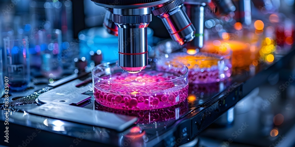 Vibrant cells in petri dish under microscope for scientific study ...