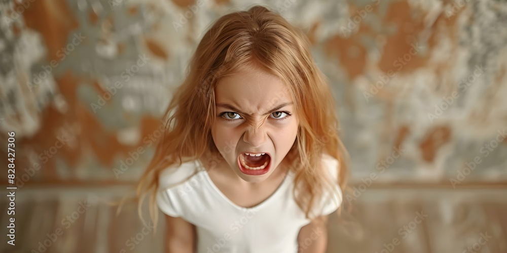 Portrait of young girl in white shirt screaming with fear and anger ...