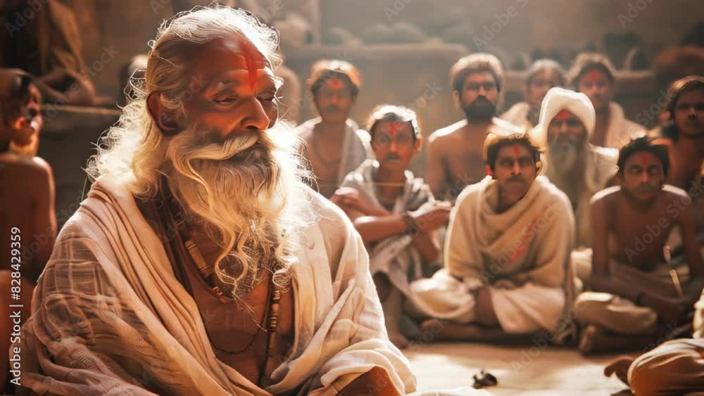 An Indian old sadhu sitting under a tree with a group of disciples ...