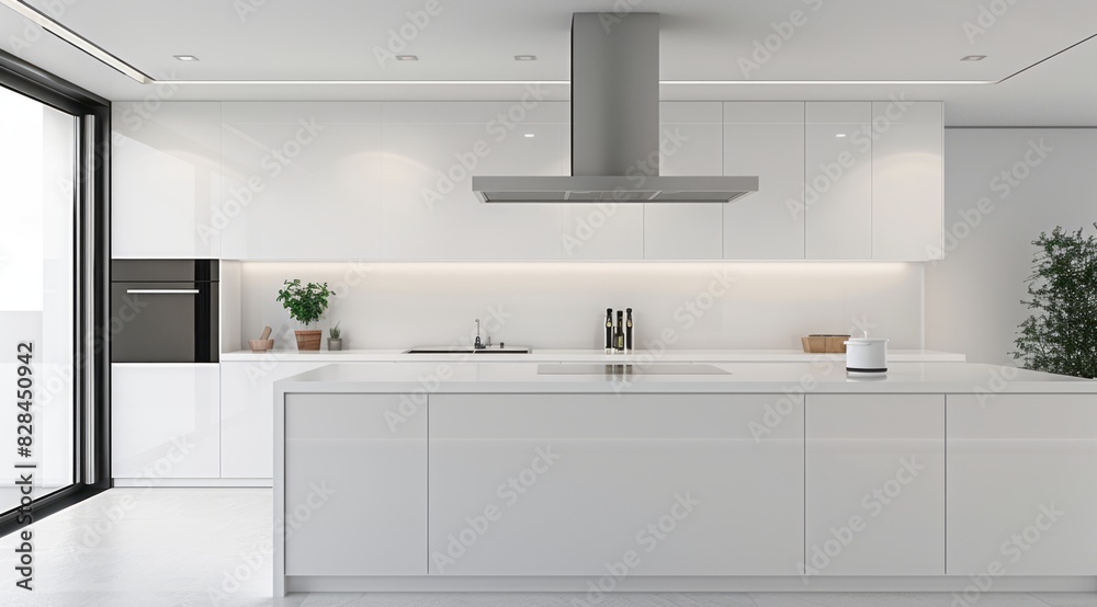 Minimalist white kitchen interior featuring high gloss white cabinets ...