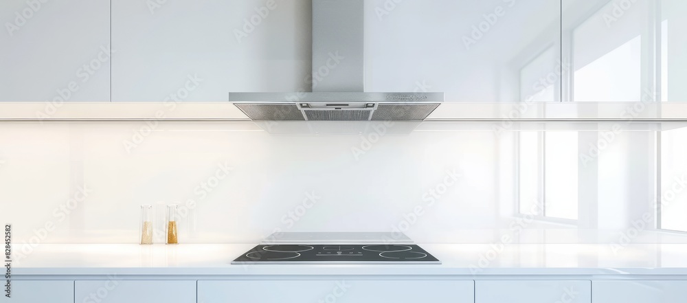 Minimalist white kitchen interior featuring high gloss cabinets, a ...