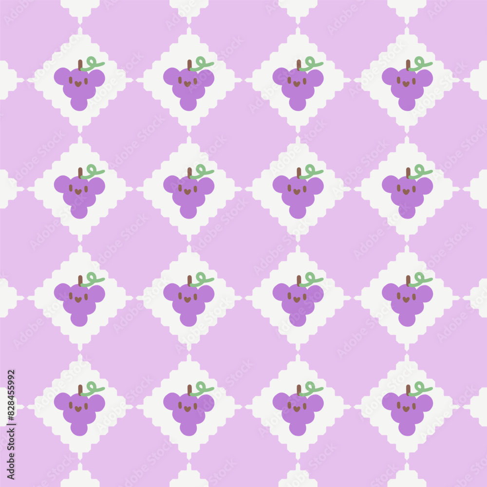 Cute Kawaii Grape Pattern with Violet Background. Adorable vector ...