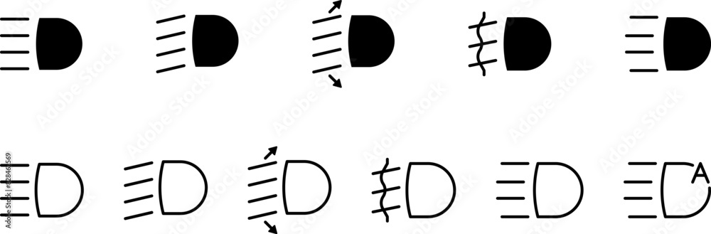 Headlight, light indicator dashboard icon. Vector high beam. Car light symbol. Vector icons of ...