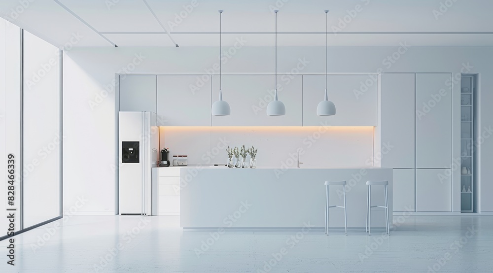 Minimalist white kitchen interior with an all-white palette, modern ...