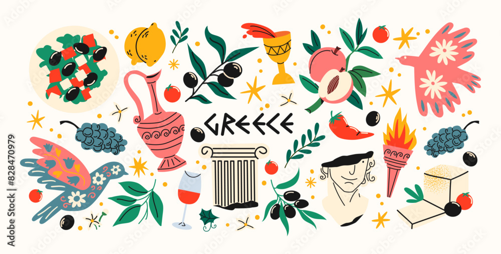 Cartoon Greece stickers. Greek traditional elements, food, leaf, olives ...