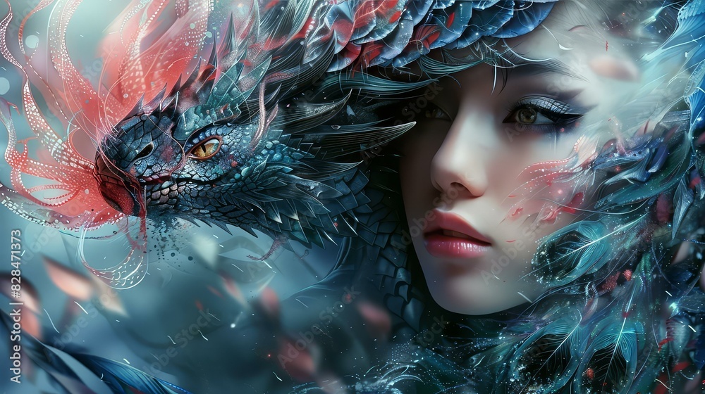 Elegant woman adorned with dragon scales, embodying the mythical ...