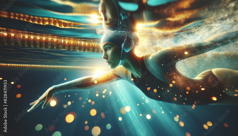 Dynamic underwater shot of a swimmer in motion, gliding effortlessly ...