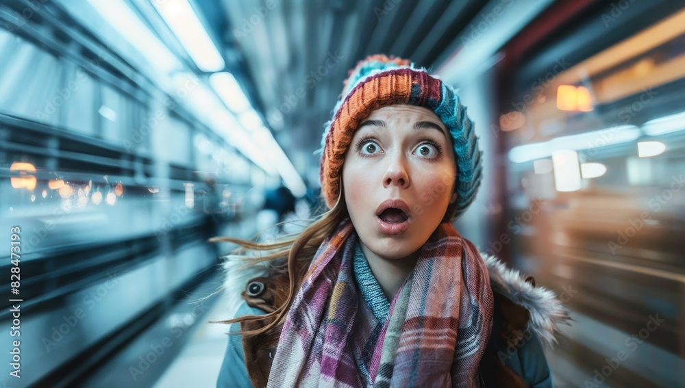 Woman using teleportation device, surprised woman on the platform Stock ...