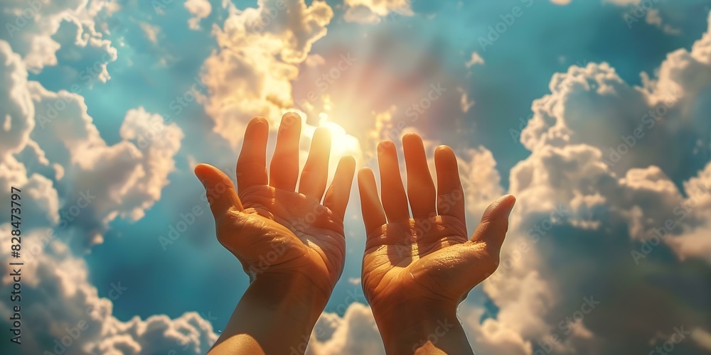 Religious concept Open human hands reaching towards divine presence in ...
