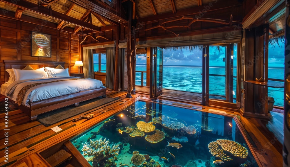 Luxury overwater bungalow with glass-bottom floors, unobstructed vistas ...