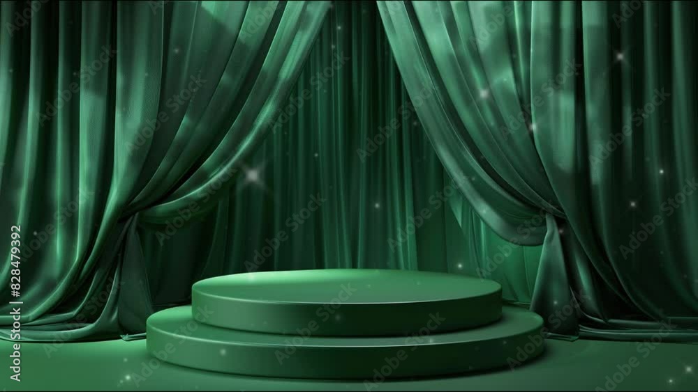 Stage with green curtains and spotlight. Gold podium. a green stage for ...