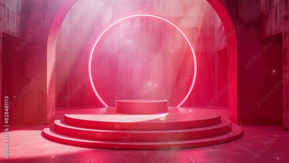 Empty stage with electric light. Red Stage backdrop. Cred podium ...