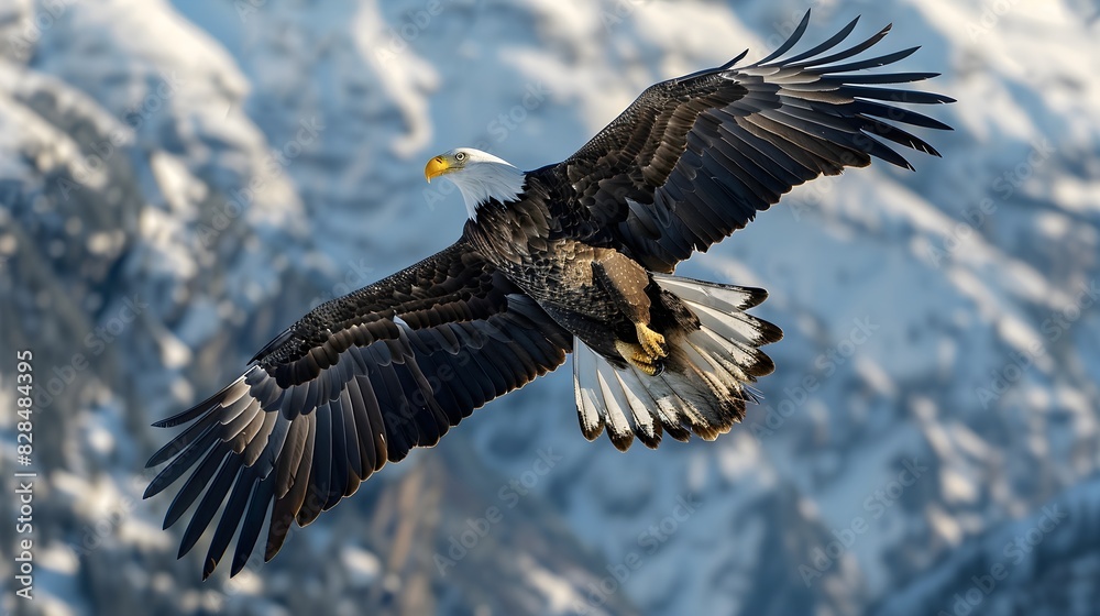 an eagle soaring high above a mountain range, with wings of fully ...