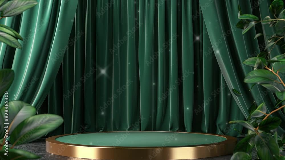 Stage with green curtains and spotlight. Gold podium. a green stage for ...