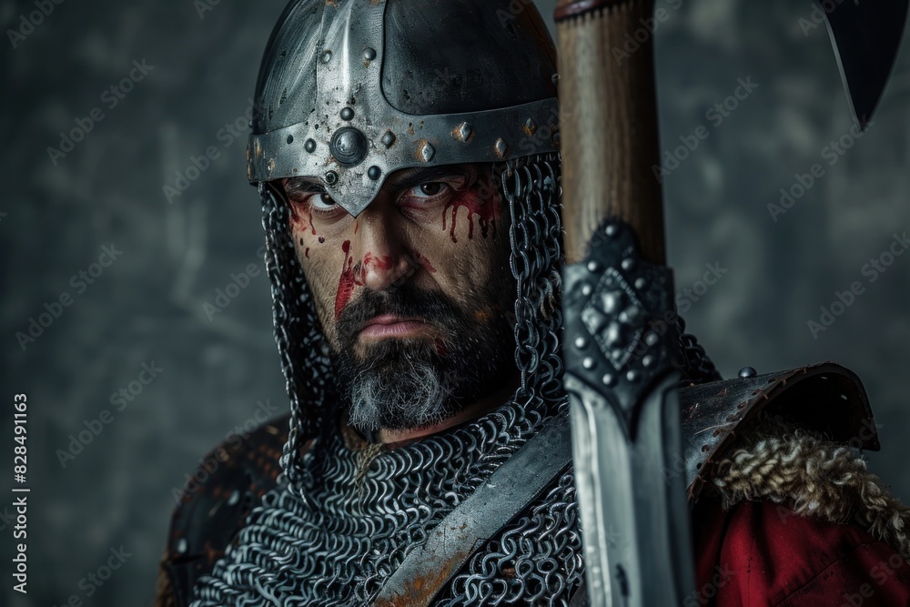 Medieval knight on gray background With red and black armor and weapons ...