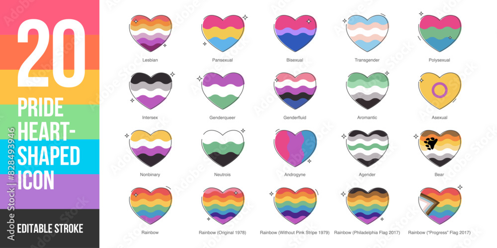 List of pride rainbow flags. Heart shaped sticker icons. LGBT symbol ...