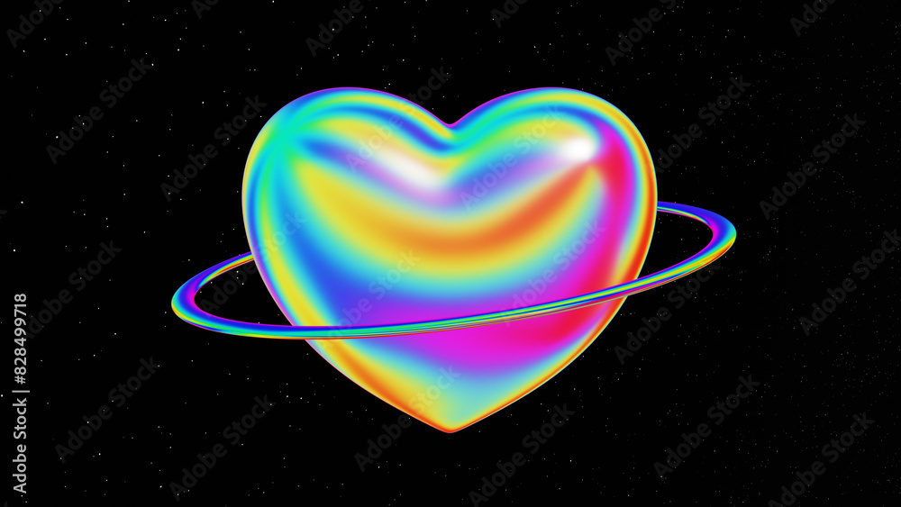3d Abstract holographic chrome dreamy heart in space galaxy. Bright ...