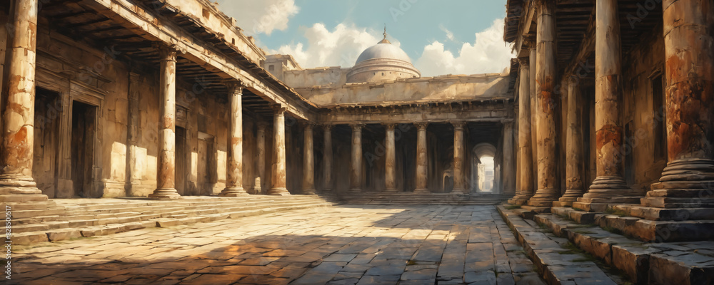 ancient temple architecture in oil painting style. High resolution ...